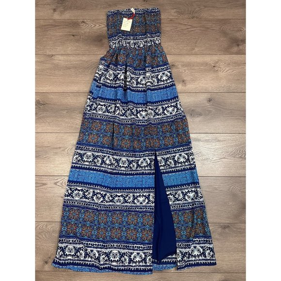 RAGA | Dresses | Raga Addalynn Strapless Smocked Maxi Dress Blue Copper Floral Xs Nwt | Poshmark